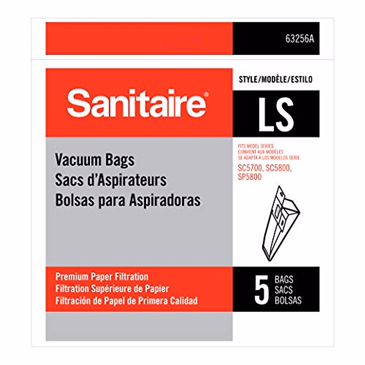 Sanitaire - EUK63256A10 LS Premium Paper Bag (Pack of 5), Fits Models SC5713, SC5815, SP5816 Series Upright Vacuums, 63256A