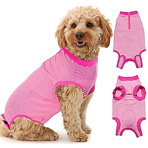 Wabdhally Dog Surgery Recovery Suit,Surgical Suit for Small Female Spay,Soft Combed Cotton,Rose Striped Zipper Onesie S