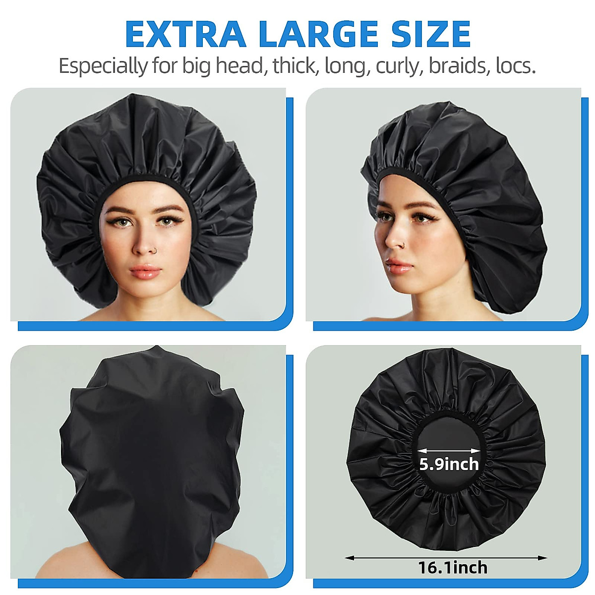 Atudew Extra Large Shower Cap, EVA Plastic Shower Caps for Women Reusable Waterproof, Hair Cap for Shower Bathing, Shower Cap for Men, Jumbo Shower Cap for Women Long Hair Braids Curly (XL, Black)