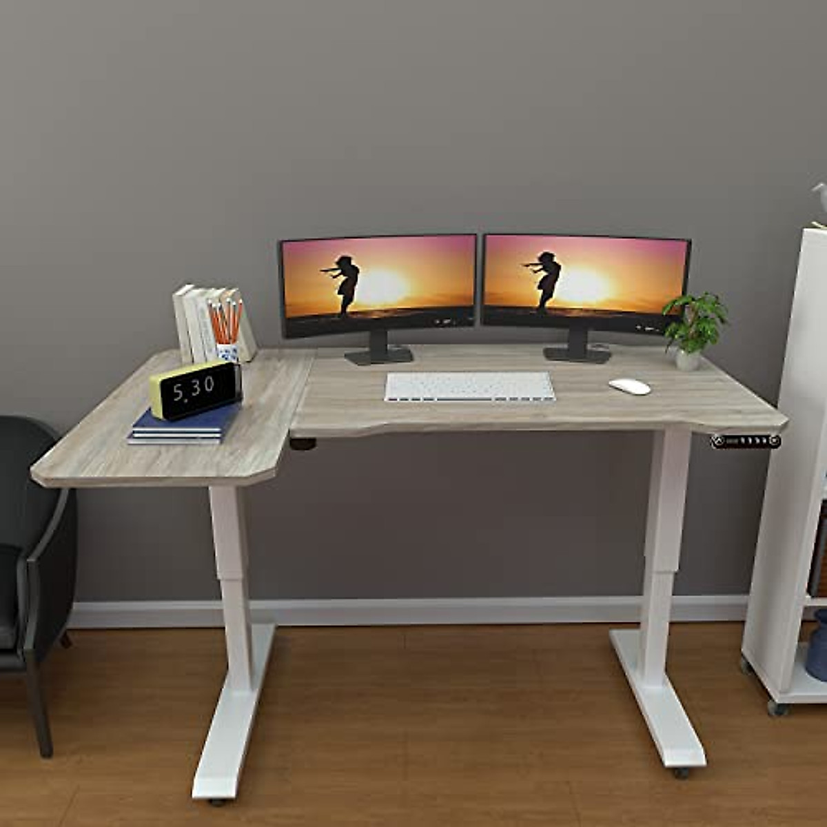 bilbil 59 Inches L-Shaped Height Adjustable Electric Standing Desk, Sit to Stand Desk Home Office Computer Desk with Lockable Casters, Oak Top, White Frame