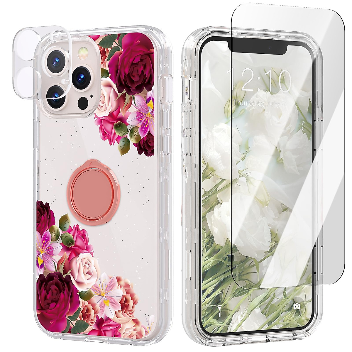 ACKETBOX for iPhone 13 Pro Max Case,with Screen Protector & Camera Lens Protector+Ring Bracket,Floral Phone Cover Designed for iPhone 13 Pro Max(Big Red Flower 01)