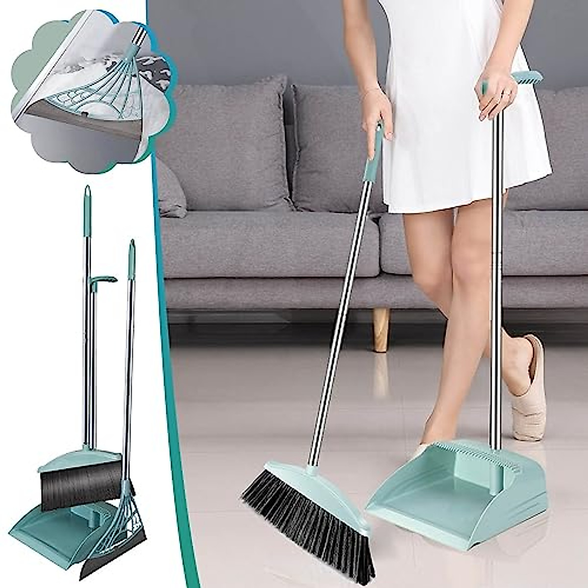 Brooms with Dustpan Combo Set, Lightweight Multifunction Long Handle Brooms and Dustpan Easy to Use, Portable Brooms and Dustpan for Office Home Hotel and Kitchen Floor