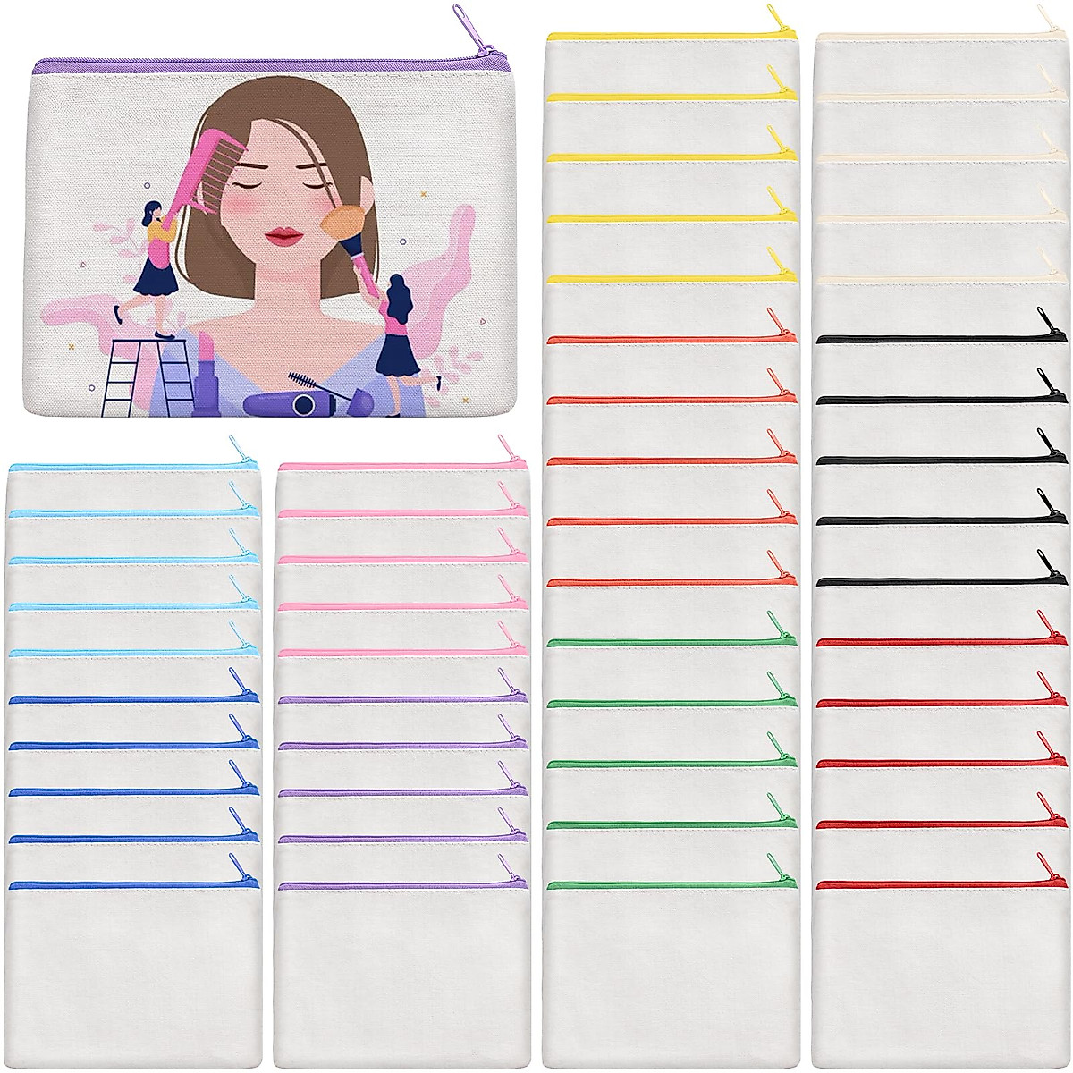 50Pcs Canvas Makeup Bags Bulk, 7.87 x 5.7 Inch Cotton Sublimation Blank DIY Heat Transfer Cosmetic Makeup Bag w/Colorful Zipper for Bridesmaid Makeup Bag Travel Toiletry Pouch Storage, Christmas Craft