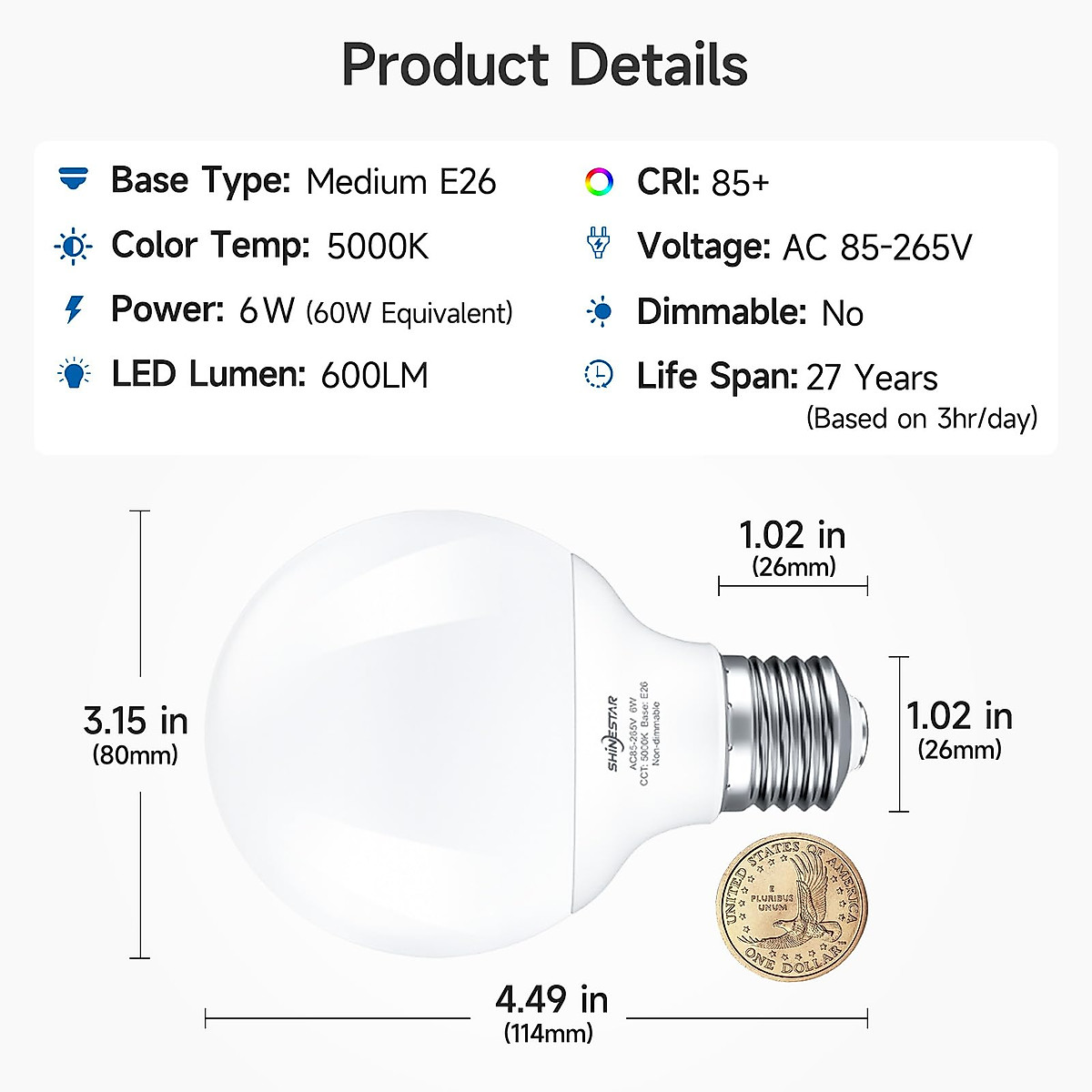SHINESTAR 4-Pack Vanity Light Bulbs, 60W Equivalent, 5000K Daylight, G25 LED Globe Light Bulbs for Bathroom, E26 Medium Base, Non-Dimmable