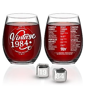 Greatingreat 1984 Old Time Information 40th Birthday Gifts for Women Men - 1984 Vintage 15 oz Stemless Wine Glass - 40 Year Old Birthday Party Decorations - Forty Class Reunion Ideas
