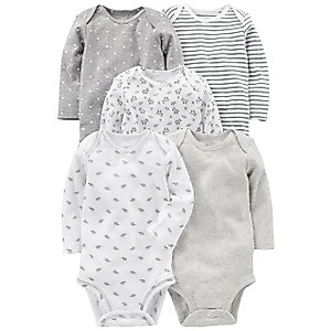 Simple Joys by Carter's Unisex Babies' Long-Sleeve Bodysuit, Pack of 5, Grey/White, 0-3 Months
