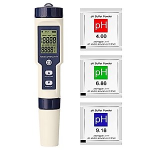 Water Quality Tester, Geevorks 5 in 1 PH/EC/TDS/Salinity/Thermometer Digital Multi-Function Tester with 3 PH Buffer Powders