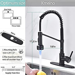 Kemino Matte Black LED Kitchen Faucet with Pull Down Sprayer, Lead-Free Solid Brass Spring Kitchen Sink Faucet with LED Light Commercial with Deck Plate (Matte Black)