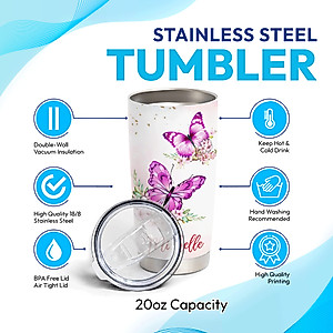 Hyturtle Personalized Gifts For Butterfly Lover - Birthday Christmas - She Is Mom Butterflies Print Custom Name Stainless Steel Tumbler 20oz With Lid - Gifts For Her Women Girl Friend Mom