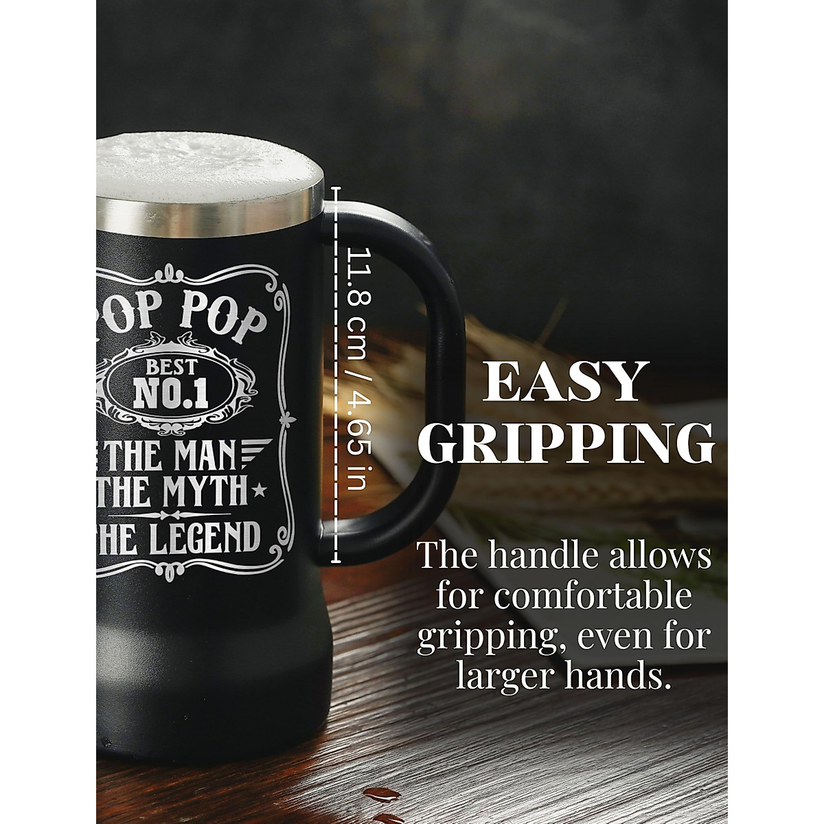 Onebttl Pop Pop Gifts Stainless Steel Beer Stein Tumbler, 24oz Beer Mug with Lid for Father's Day, Christmas - Man Myth Legend