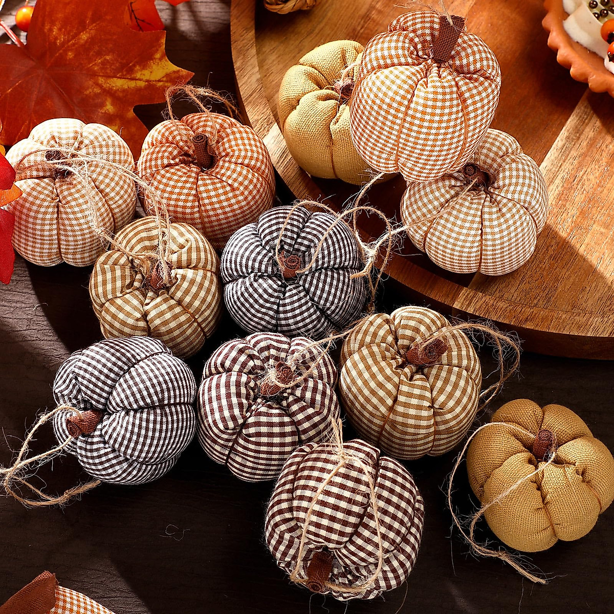 Hiboom 12 Pcs Farmhouse Fall Thanksgiving Decor Plaid Fabric Acorns Pumpkin Hanging Ornaments Autumn Tray Table Decor Thanksgiving Tree Decoration (Pumpkin)