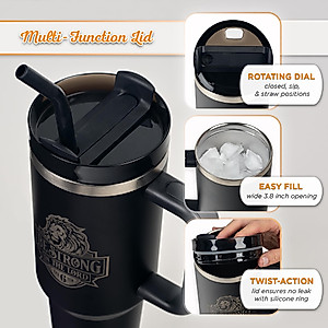 Christian Art Gifts Extra Large Stainless Steel Double Wall Vacuum Insulated Travel Tumbler for Men & Women: Be Strong Scripture, Silver Laser Engraved Lion, Lid, Straw, Wide Handle, Black, 40 oz.