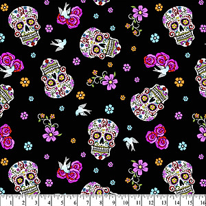 Day of The Dead Skulls Cotton Fabric by The Yard, with Glitter
