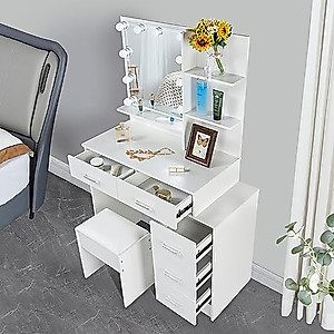 Caulitar Vanity Desk with Mirror and Lights, White Makeup Vanity Set with 5 Drawers, Girls Vanity Table for Bedroom