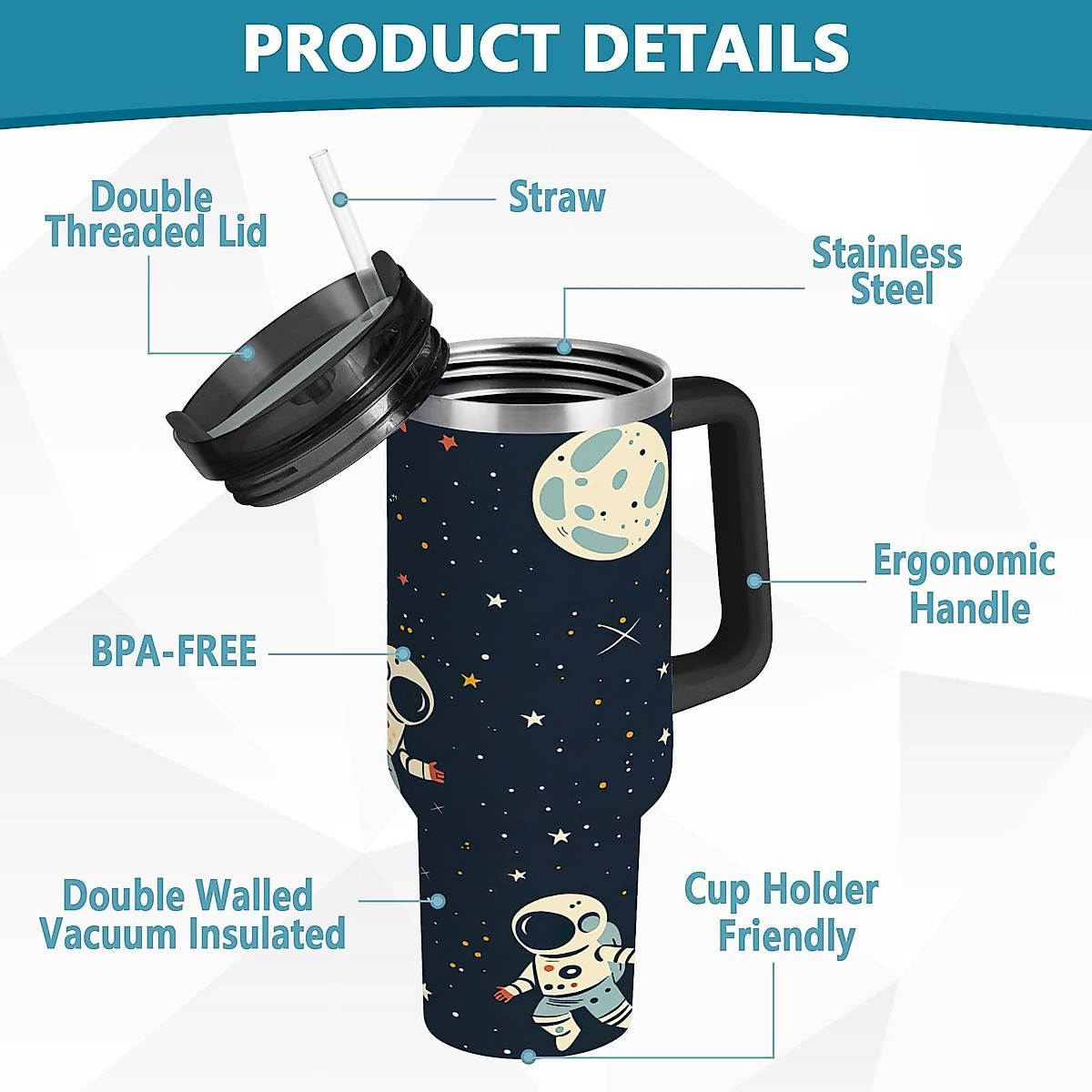 FRCSDIY Cartoon Planet Insulated Tumbler with Handle and Straw Lid,40oz Leakproof Stainless Steel Cup BPA-Free Water Bottle