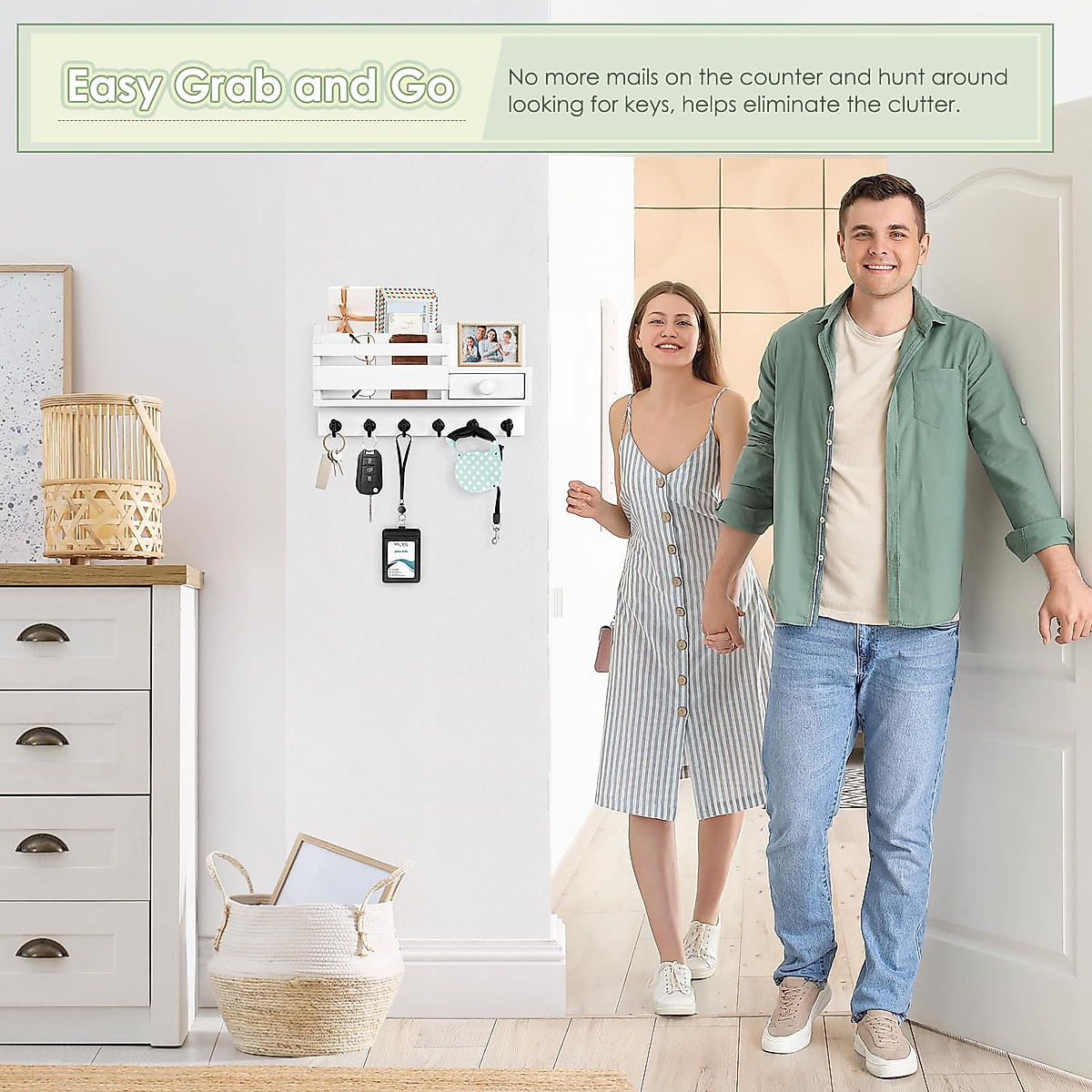VIS'V Key Holder Wall Mount, Wooden Key Mail Holder with Drawer Key Organizer Mail Sorter with 6 Key Hooks Key Rack with Shelf for Entryway Doorway Hallway - White