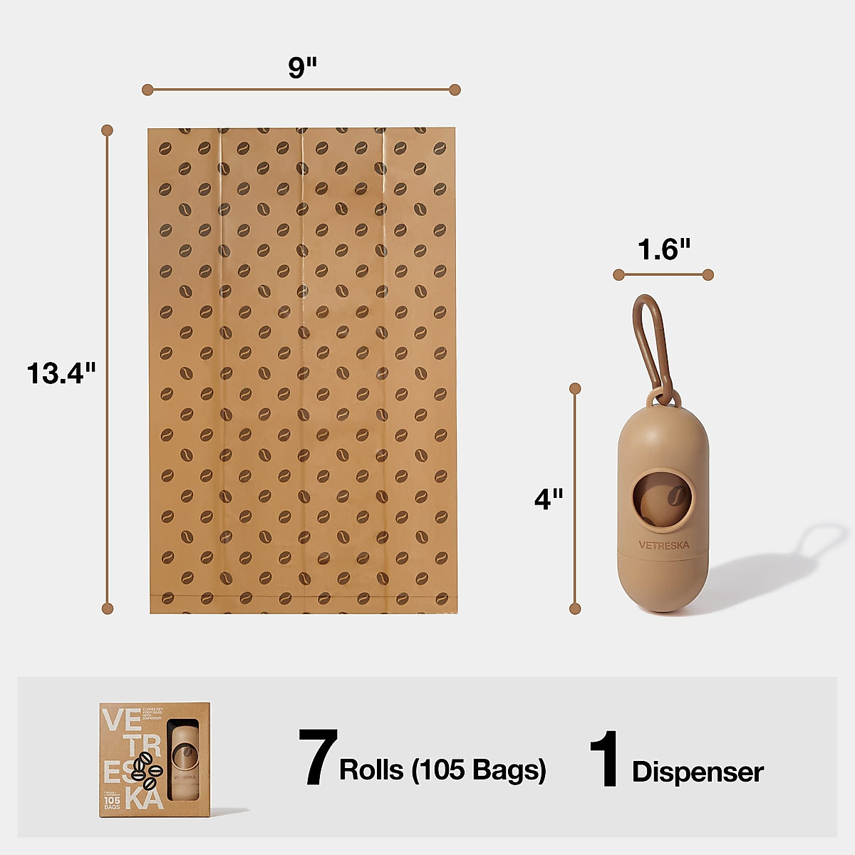 VETRESKA Dog Poop Bag Dispenser with Coffee Scented Waste Bags, Leak Proof, Extra Thick and Large Pet Poop Bags, 1 Count Bag Holder and 105 Count Bags (7 Refill Rolls) for Dogs and Cats
