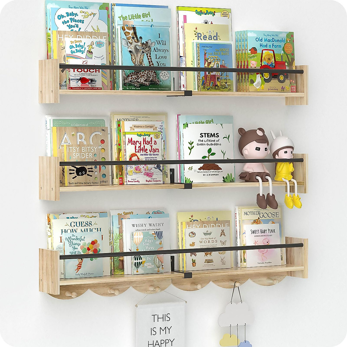Book Shelf for Kids Rooms, Nursery Book Shelves, 33.5 inch Floating Book Shelves for Wall Set of 3 Great for Living Room, Kids Room, Bedroom.