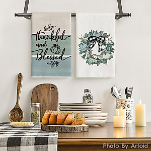 Artoid Mode Eucalyptus Leaves Buffalo Plaid Pumpkin Hello Fall Kitchen Towels Dish Towels, 18x26 Inch Vase Decoration Hand Towels Set of 4