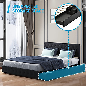 Mjkone King Bed Frame with 4 Storage Drawers, PU Leather King Size Upholstered Platform Bed Frame with Adjustable Headboard, No Box Spring Needed/Easy Assembly/No Mattress (King, Black)