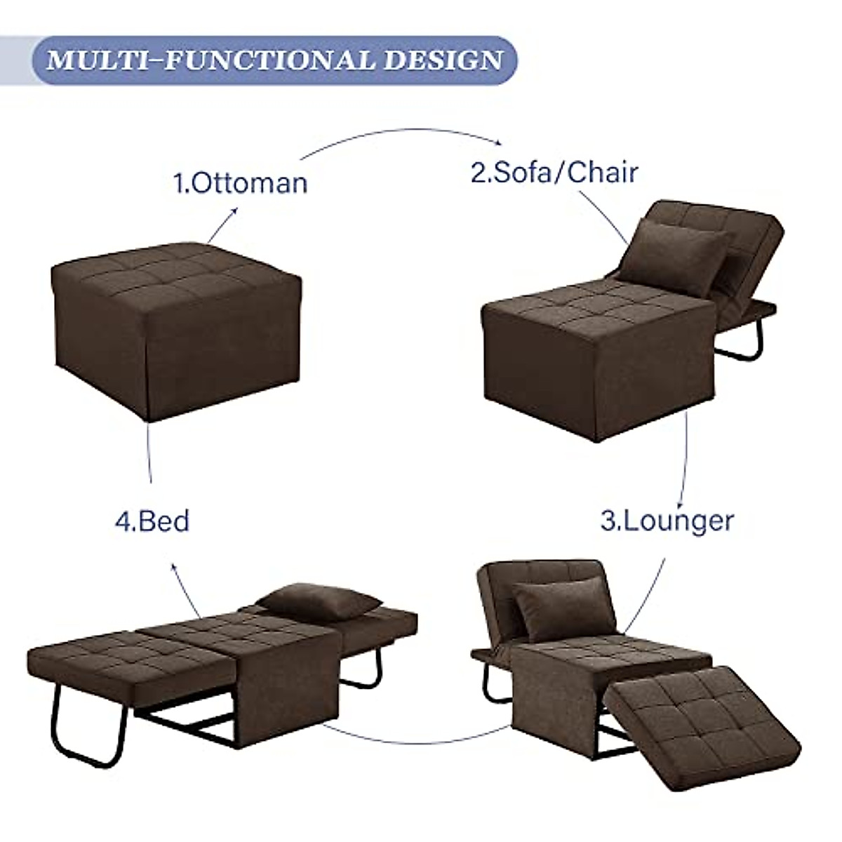 Saemoza Sofa Bed, 4 in 1 Multi Function Single Folding Ottoman Bed, Modern Sleeper Convertible Chair Adjustable Backrest Small Couch Bed for Living Room/Small Apartment, Dark Brown