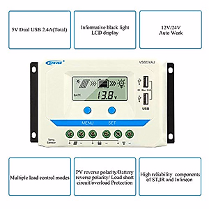 EPEVER 60A Solar Charge Controller 12V/24V, 60 amp Solar Regulator with Load Timer, Max 720W/12V, 1440W/24V Input, Dual USB 5V, fit for Lead-Acid Batteries