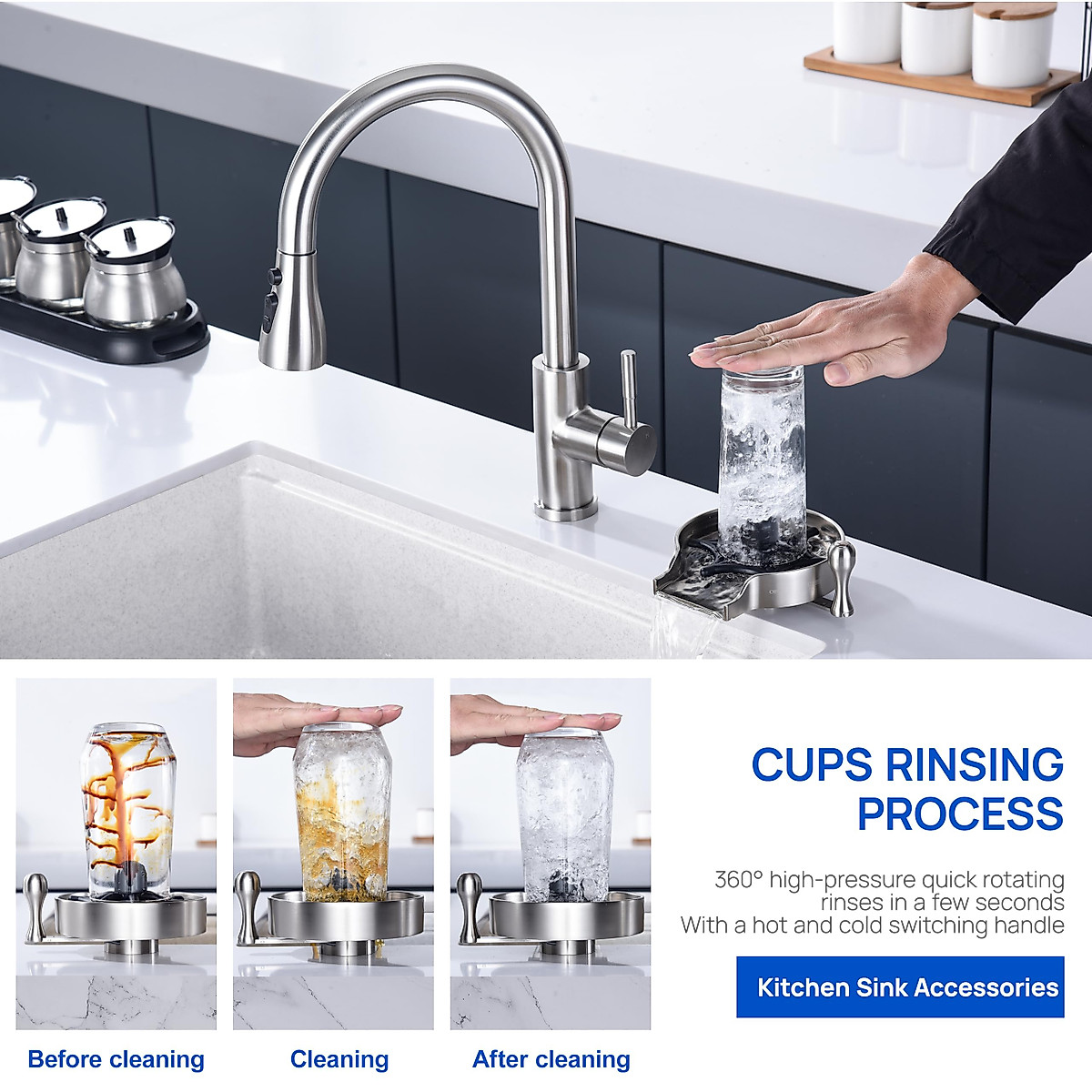 2024 NEW Metal Faucet Glass Rinser for Kitchen Sink - Upgraded Hot and Cold Switching 360° Rotating Cup Washer, Faucet Bottle Cleaner Washer for Sink Attachment, Bar Cup Rinser (Brushed Nickel)