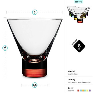 MITBAK Martini Glasses 8 OZ (Set of 6) With Stylish Colorful Bases | Elegant Stemless Bar Glasses | Great for Martini, Cocktail, Whiskey, Margarita, & More | Cocktail Glasses Made In Europe