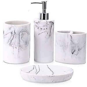 ZCCZ Bathroom Accessory Set, 4 Pcs Marble Look Bathroom Vanity Countertop Accessory Set Bathroom Décor Sets Accessories with Soap Dispenser Bathroom Toothbrush Holder Set, Bathroom Tumbler, Soap Dish