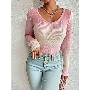 Floerns Women's Ombre Print Long Sleeve V Neck Rib Knit Pullovers Sweater Top Pink M