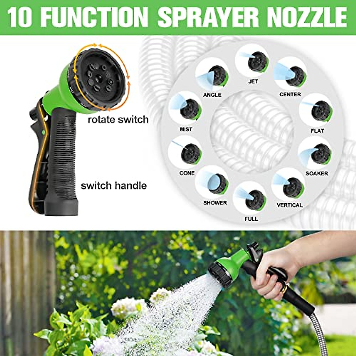 TVKB Metal Garden Hose 304 Stainless Steel Water Hose Super Tough Flexible Water Pipe with 3/4 inch Brass Fittings and Sprayer Nozzle, Kink & Tangle Free, Rust Proof (100FT)