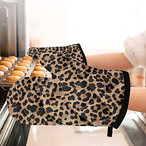 Jiueut 4 Pcs Brown Leopard Print Oven Mitts and Pot Holders Set,Heat Resistant Non-Slip Cheetah Kitchen Glove and Potholder for Cooking,Baking,Grilling