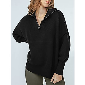 ANRABESS Women's 2023 Fall Oversized Sweater Quarter Zipper Long Sleeve Collar Drop Shoulder Half Zip Casual Slouchy Ribbed Knit Slit Side Sweatshirt Pullover Top 566heise-XS Black