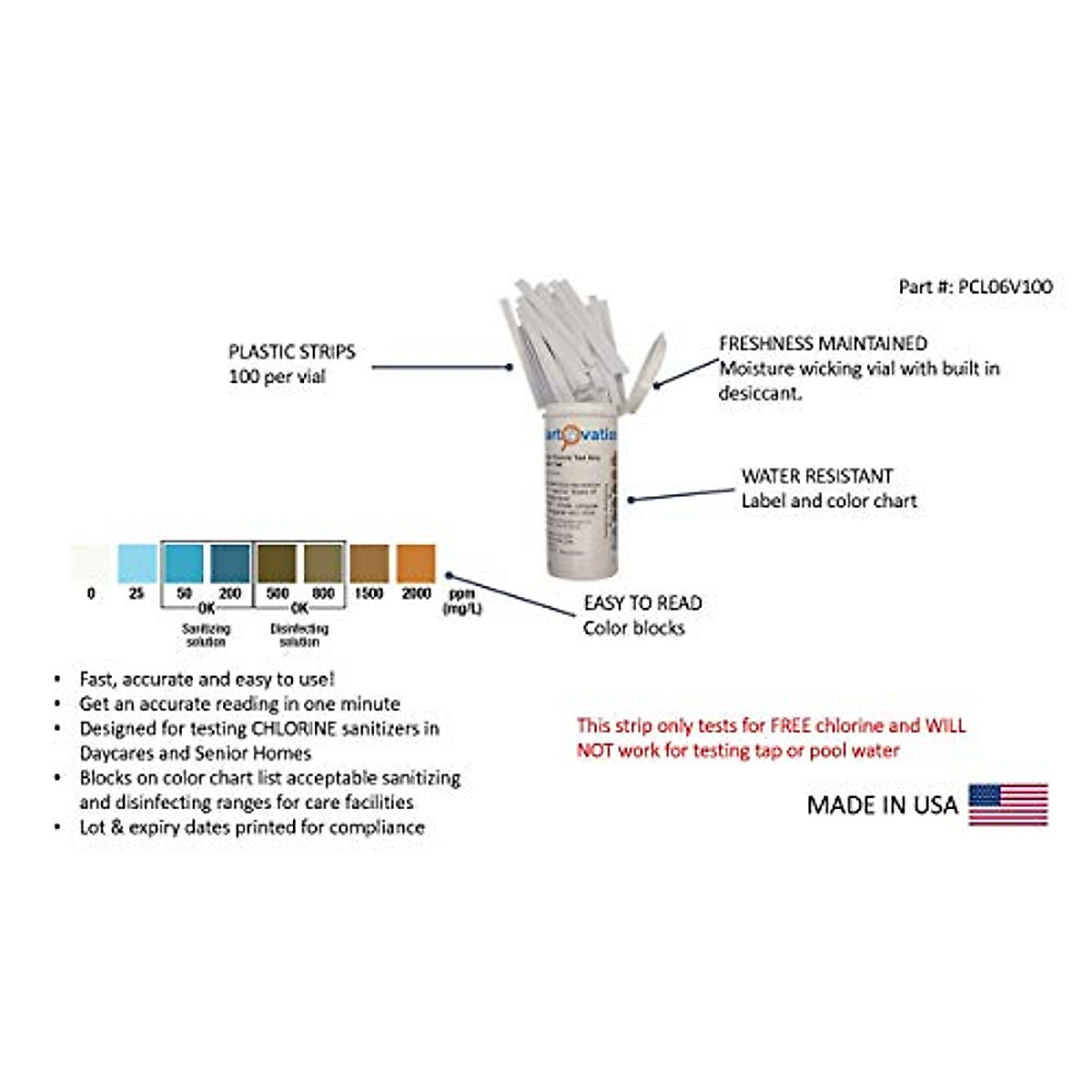 Active Chlorine Bleach Test Strips, 0-2000 ppm [Vial of 100 Plastic Strips] Designed for Daycares and Senior Homes for Sanitizing and Disinfecting