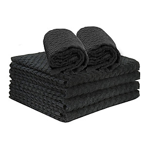 TALVANIA Kitchen Towels 100% Cotton Dobby Weave Terry Towel Set, 15" X 25", 6 Pack Soft and Absorbent Multipurpose Dish Cloth, Hand Towel and All Kitchen Cleaning Machine Washable (Black)