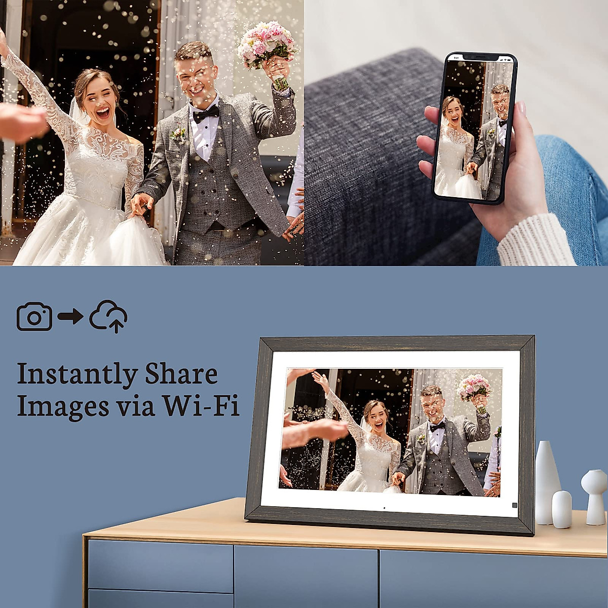 BSIMB 32GB 13.3 Inch Wood-Effect WiFi Digital Photo Frame HD IPS Touch Screen Smart Large Picture Frame with Remote Control, Auto-Rotate, Wall Mountable, Easy to Share Photos & Videos via App & Email