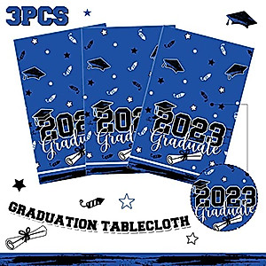 Graduation Party Decorations Class of 2023 Blue Graduation Tablecloths 3PCS Congrats Grad Disposable Plastic Table Covers for College High School Graduation Party Supplies 70x43 Inch