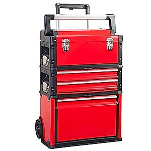 BIG RED TRJF-C305ABD Torin Garage Workshop Organizer: Portable Steel and Plastic Stackable Rolling Upright Trolley Tool Box with 3 Drawers, Red