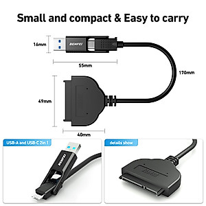 BENFEI SATA to USB Cable, 2in1 USB-C/USB 3.0 to SATA III Hard Driver Adapter Compatible for 2.5 inch HDD and SSD