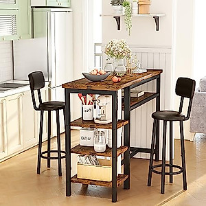Recaceik Bar Dining Table Set, Modern Bar Table and Stools for 2, Kitchen Counter Height Dining Table Set with 4 Storage Shelves, PU Upholstered Stools Breakfast Nook Set Pub Table with Backrest