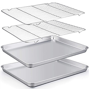 TeamFar Baking Sheet with Rack Set of 4, 20’’×14’’×1.2’’, Half Size Stainless Steel Cookie Sheet Baking Pans with Cooling Rack Set, Non Toxic & Rust Free, Mirror Finish & Easy Clean, 2 Pans & 2 Racks