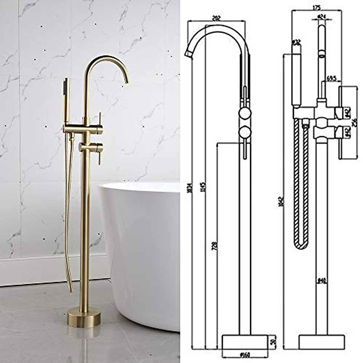 AYIVG Bathroom Brass Floor Mount Free Standing Bathtub Faucet Shower System Set (Brushed Gold)