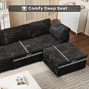 130'' Modern Modular Sectional Sofa with Movable Ottomans,4 Seats Cloud Comfort Corduroy Fluffy Couch,L Shaped Convertible Sofa Couch for Living Room,Black