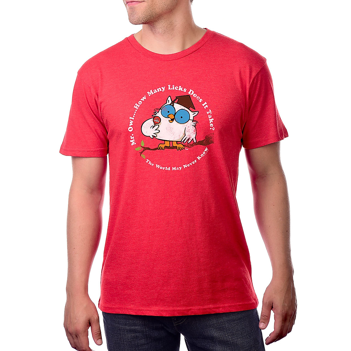 New Tootsie Pop® Mr. Owl Unisex Tee | Iconic Mr. Owl | Tootsie Shirt | Vintage Candy Shirt, Unisex, Medium Heather Red