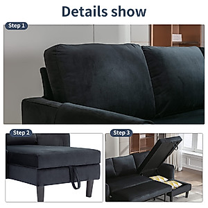 Hdxdkog L-Shaped Sectional Sofa with Pull-Out Bed 72" Sleeper Sofa Bed with Storage Chaise Lounge and Pocket, Upholstered Corner Couch for Living Room Home Office (Black)