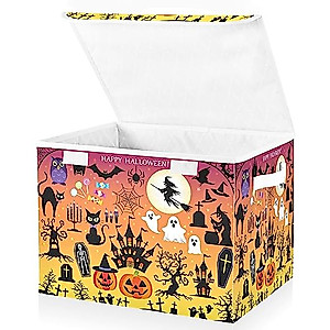 Krafig Halloween Party Foldable Storage Box Canvas Storage Bin Containers Baskets with Lids Handles Cubby Organizer Bins