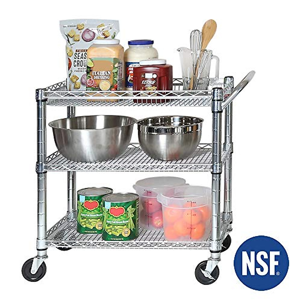 Seville Classics UltraDurable NSF Commercial Heavy Duty Metal Rolling Utility Cart, w/ Steel Shelves, Handle Bar for Restaurant, Garage, Warehouse, Kitchen, Office, Deep Top Basket (34.75"W x 18.25"D)