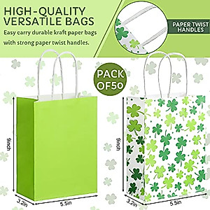 24 Pcs St. Patrick's Day Paper Gift Bags with Handles 5.9 x 8.3 x 3.1 Inch Green Treat Bags and Irish Lucky Shamrock Goodie Bags for St Patrick's Day Party Favor Wedding Birthday