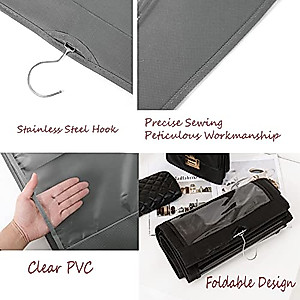 RAUYIVANY 2 Packs Hanging Handbag Purse Organizer, Hanging Purse Organizer Bag Storage Hanger Closet Organizer with Metal Hook, 8 Clear Pockets for Home Closet Bedroom(Grey and Black)