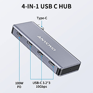 ANYOYO USB C HUB,4 Port USB-C to USB-C Hub with 3 USB 3.2 Gen2 Ports(10Gbps),1 100W PD Port Compatible with MacBook Pro/MacBook Air/iPad Pro and other USB C laptops,Support Charging(No video)